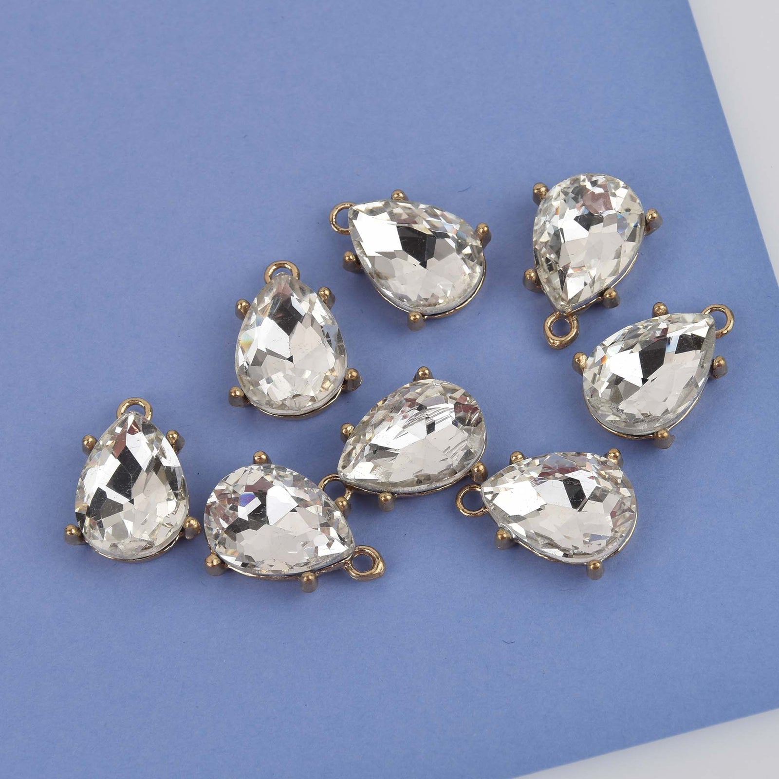 2 Rhinestone Teardrop Drop Charm Pendants, gold bezel setting, faceted