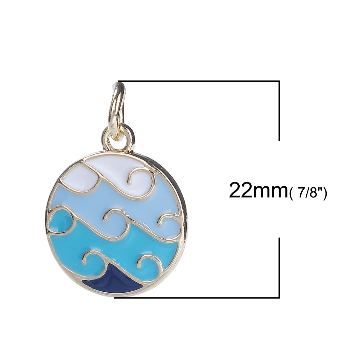 4 BEACH WAVE Charms, Gold Wave Charms, Blue and White Enamel and GOLD