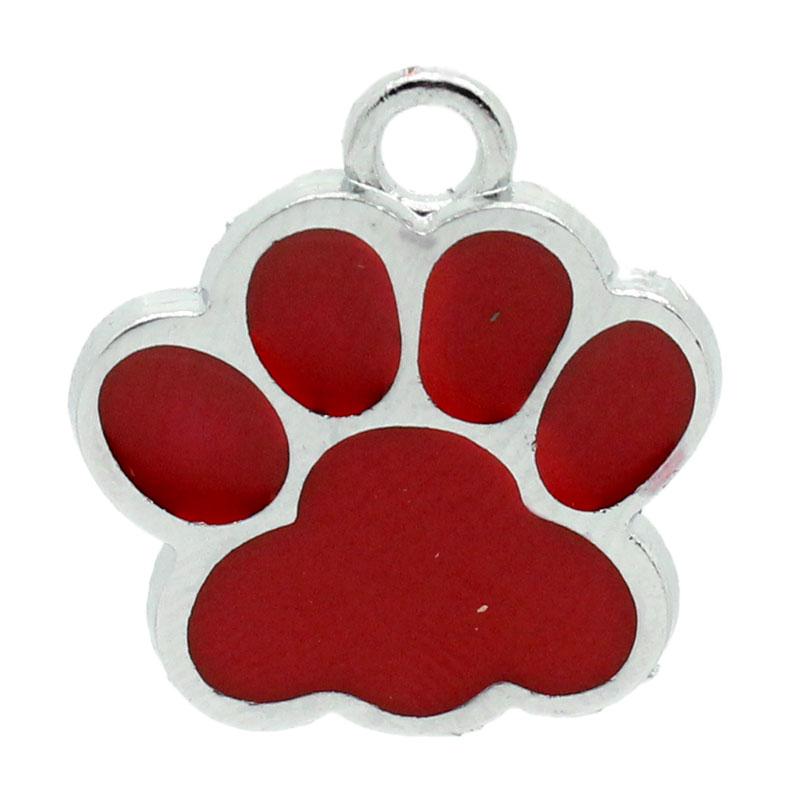 4 RED Paw Print Charms, Enamel and Silver Metal, Dog Paw, Animal Paw,