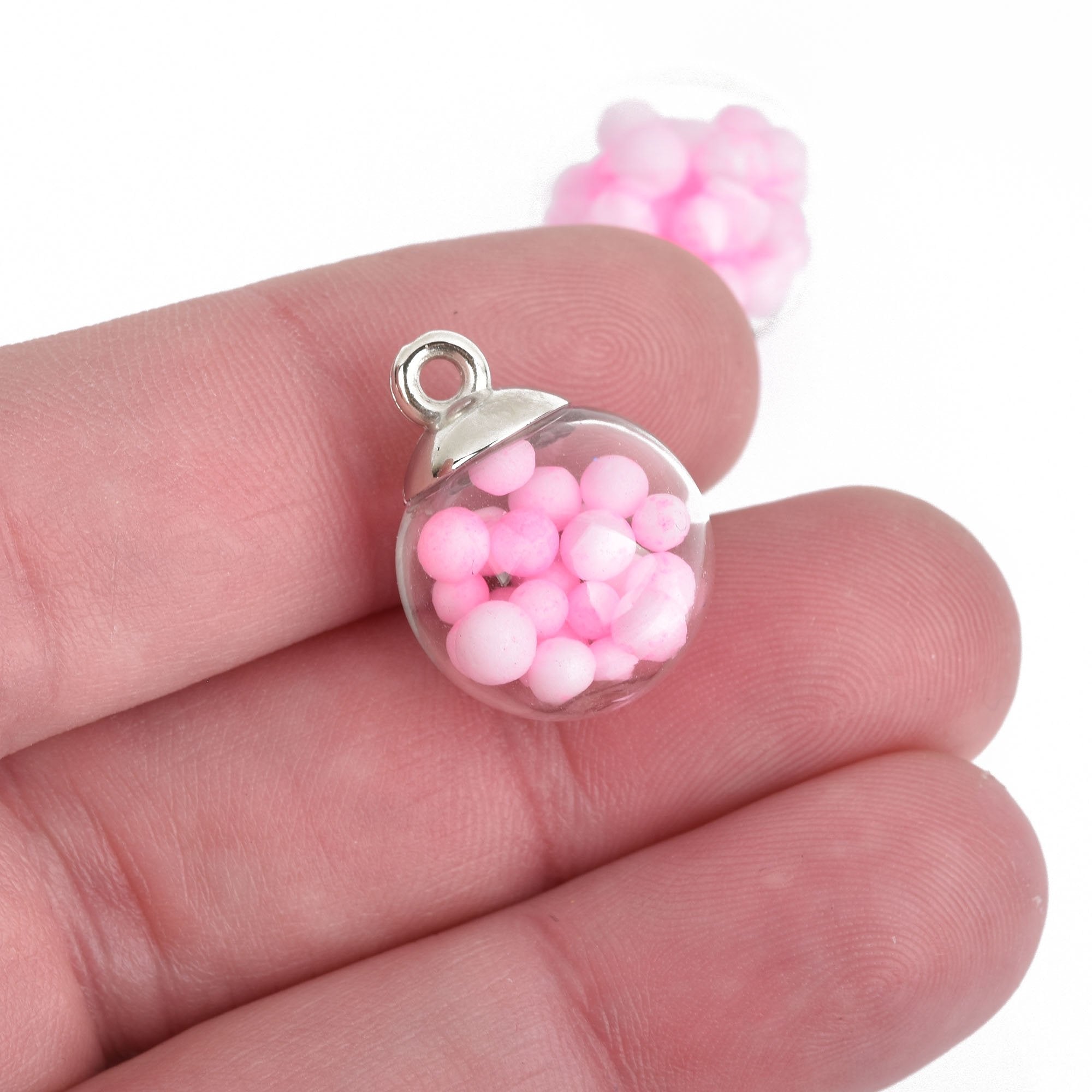 5 Glass Ball Charms round globe glass vial with LIGHT PINK foam balls