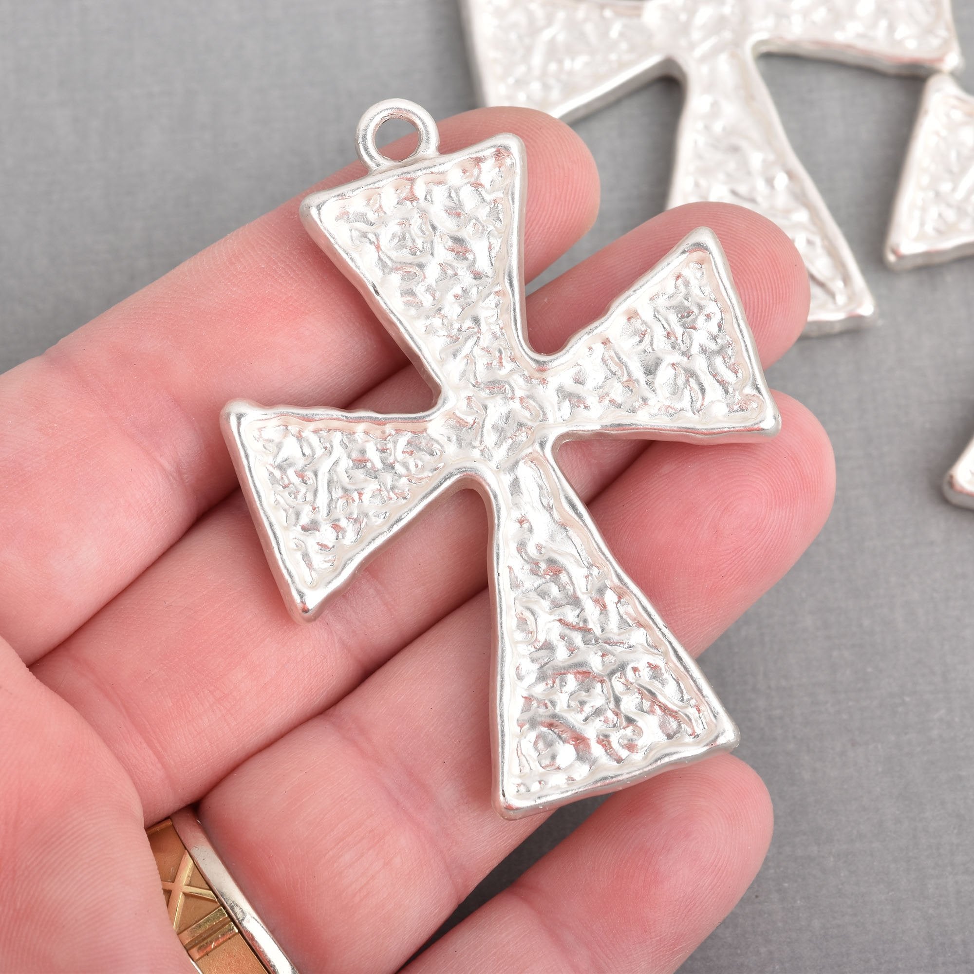 2 Large Matte Silver Cross Charms Distressed Double Sided Crosses with