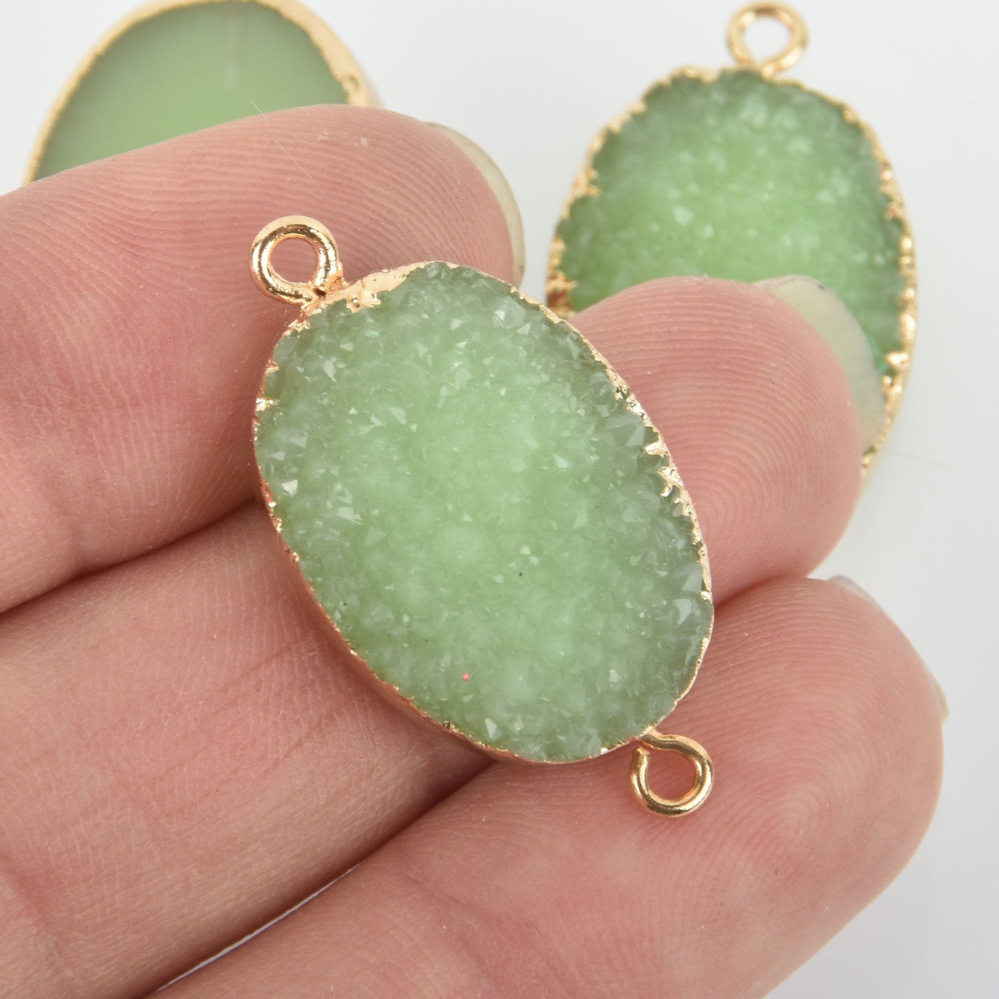 2 SPRING GREEN Faux Druzy Connector Charms Oval Resin with Gold Plated