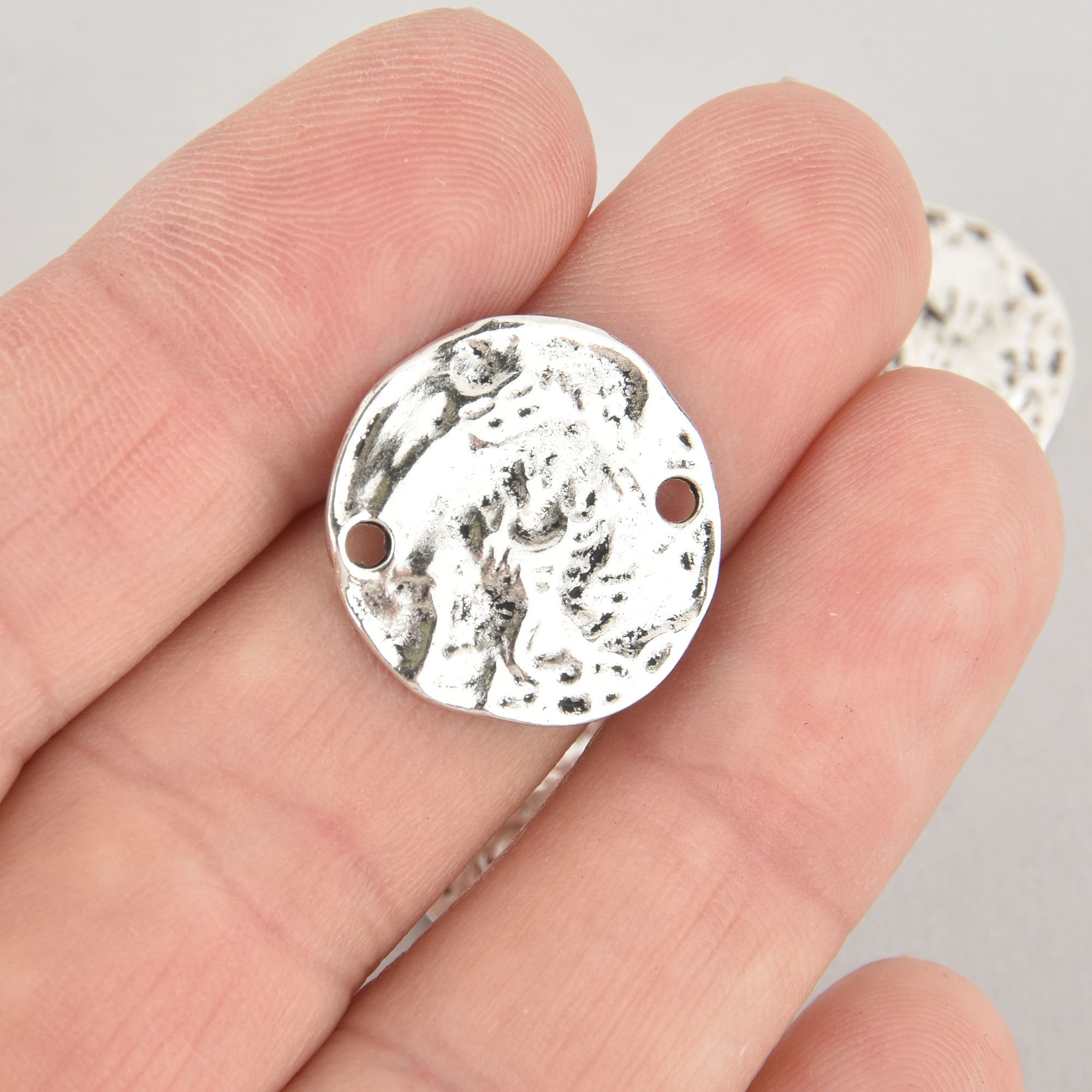 5 Silver Hammered Coin Charms, Connector Links, 20mm, chs6222