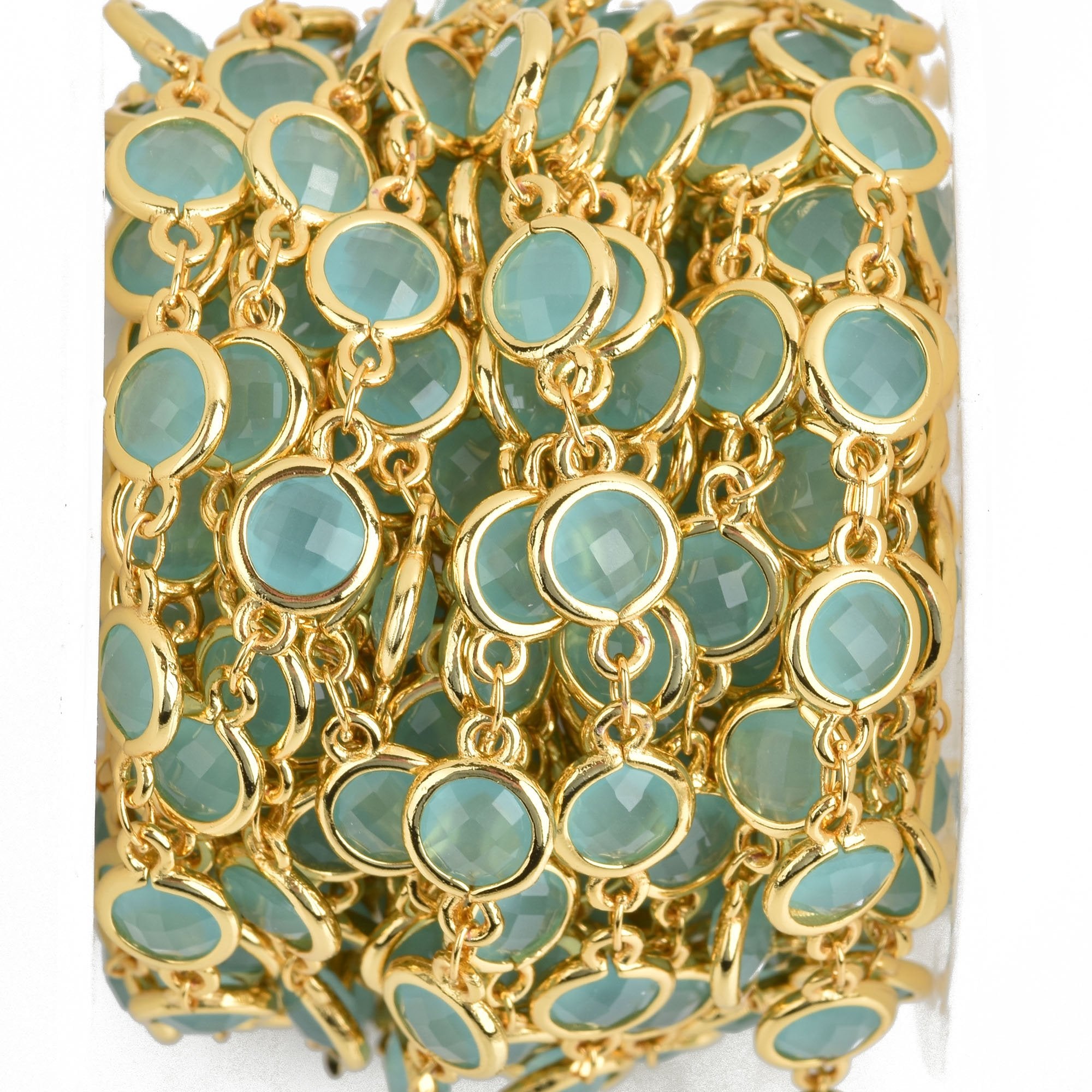 1 yard Crystal Chain, MINT GREEN and GOLD, Flat Coin Rhinestone Rosary