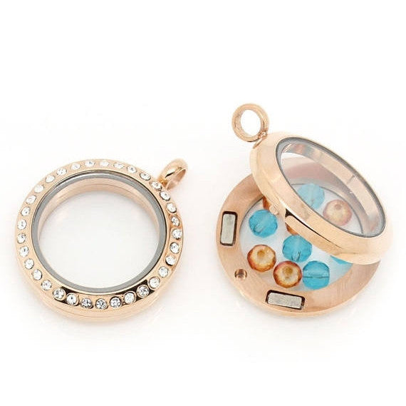 1 Rhinestone Floating Locket Pendant, magnetic clasp, rose gold plated