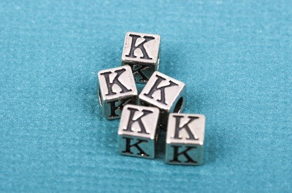 Alphabet LETTER K Sterling Silver Alphabet Block Bead, Square Cube, 5.