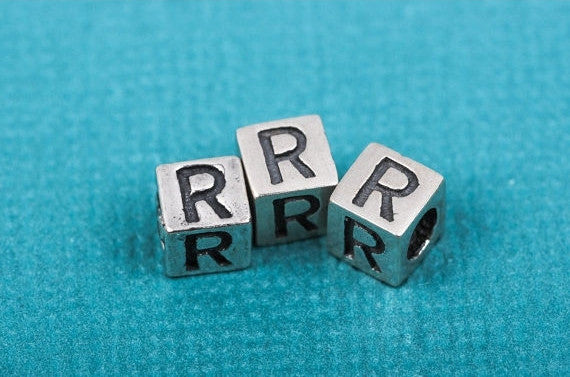 Alphabet LETTER R Sterling Silver Alphabet Block Bead, Square Cube, 4.