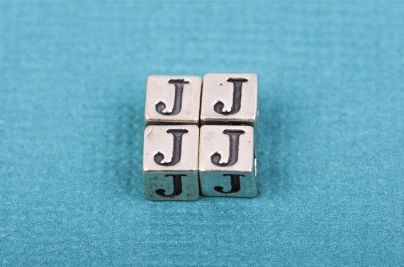 Alphabet LETTER J Sterling Silver Alphabet Block Bead, Square Cube, 4.