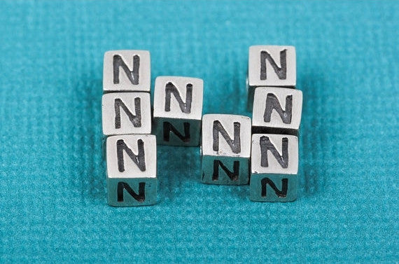Alphabet LETTER N Sterling Silver Alphabet Block Bead, Square Cube, 4.