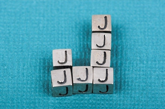 Alphabet LETTER J Sterling Silver Alphabet Block Bead, Square Cube, 4.