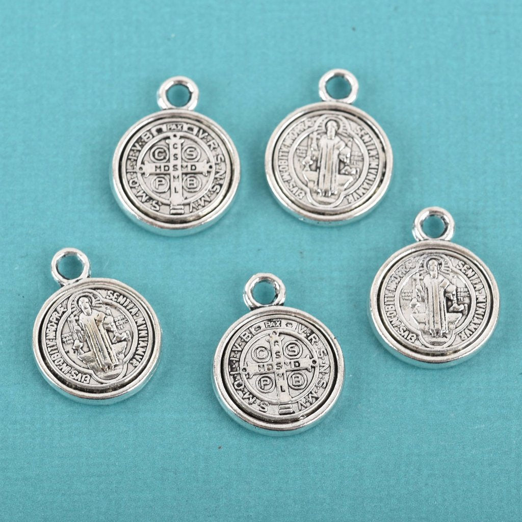 5 Religious Medal Charms, Silver Relic Charm Pendants, double sided Pa