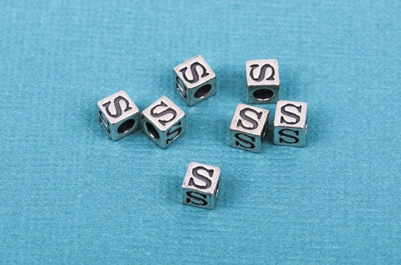 Alphabet LETTER S Sterling Silver Alphabet Block Bead, Square Cube, 4.