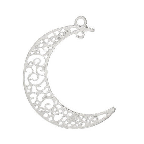 5 Filigree Crescent Moon Pendants, Bright Silver Plated Metal, Crescen