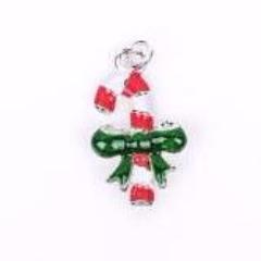CANDY CANE with Bow Silver Plated Enamel Charm Pendant for Christmas c