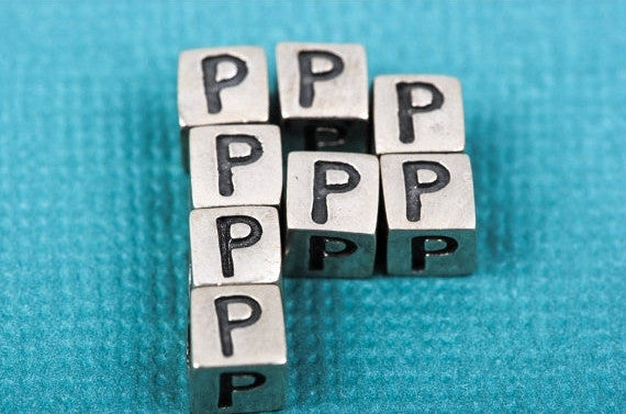 Alphabet LETTER P Sterling Silver Alphabet Block Bead, Square Cube, 4.