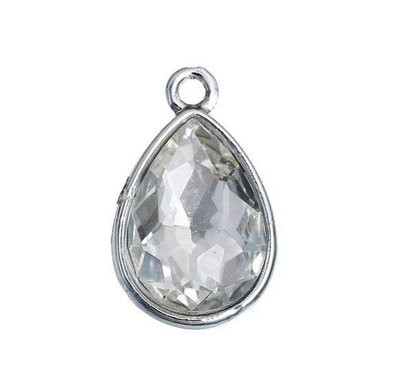 10 CLEAR DIAMOND White Rhinestone Teardrop Drop Charms, Crystal Glass