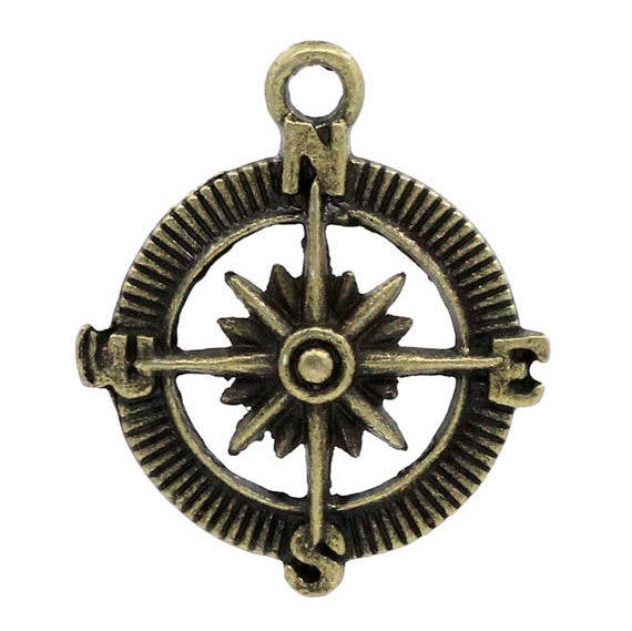 10 Antique Bronze Tone Metal COMPASS Charm Pendants. CHB0090