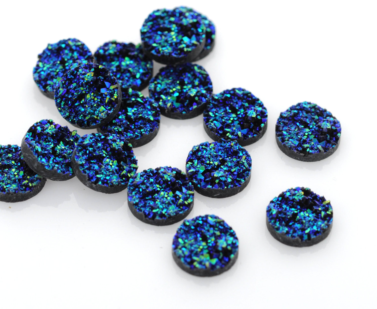 50 RESIN DRUZY CABOCHONS, titanium blue and black, 12mm diameter cab02