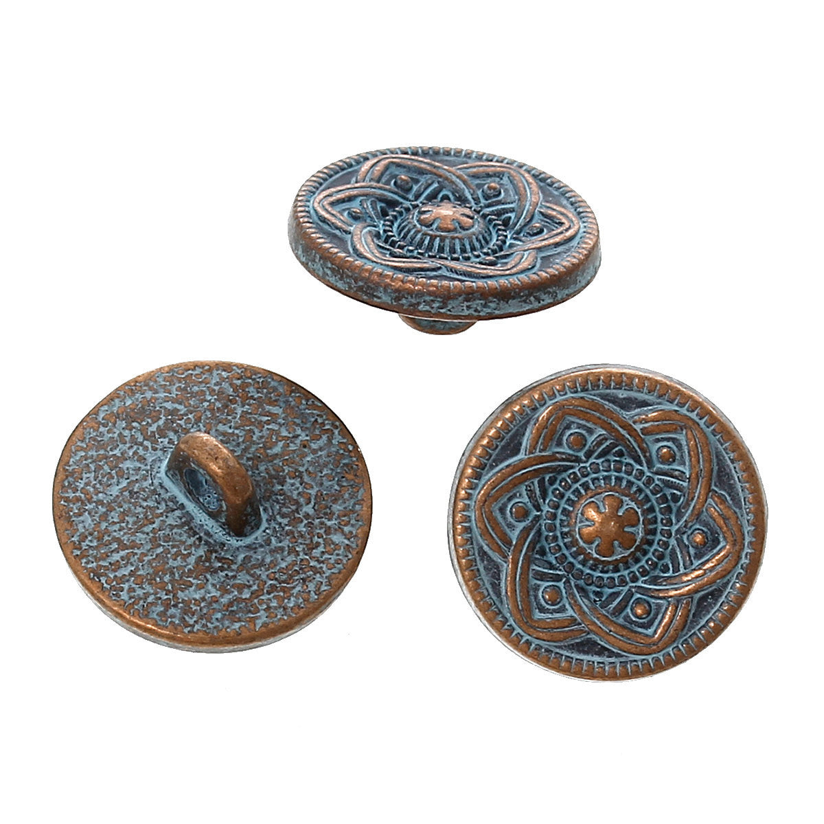 10 Copper Shank Buttons, flower pattern, 15mm (5/8") diameter antiqued