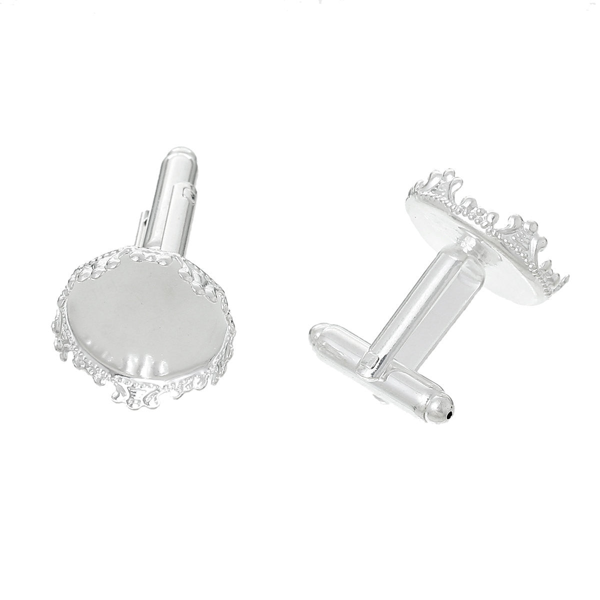 10 Cuff Link blanks, fancy filigree design, silver plated bezel tray b