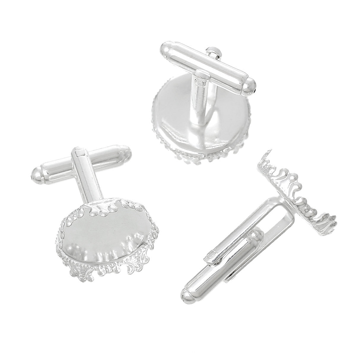 10 Cuff Link blanks, fancy filigree design, silver plated bezel tray b