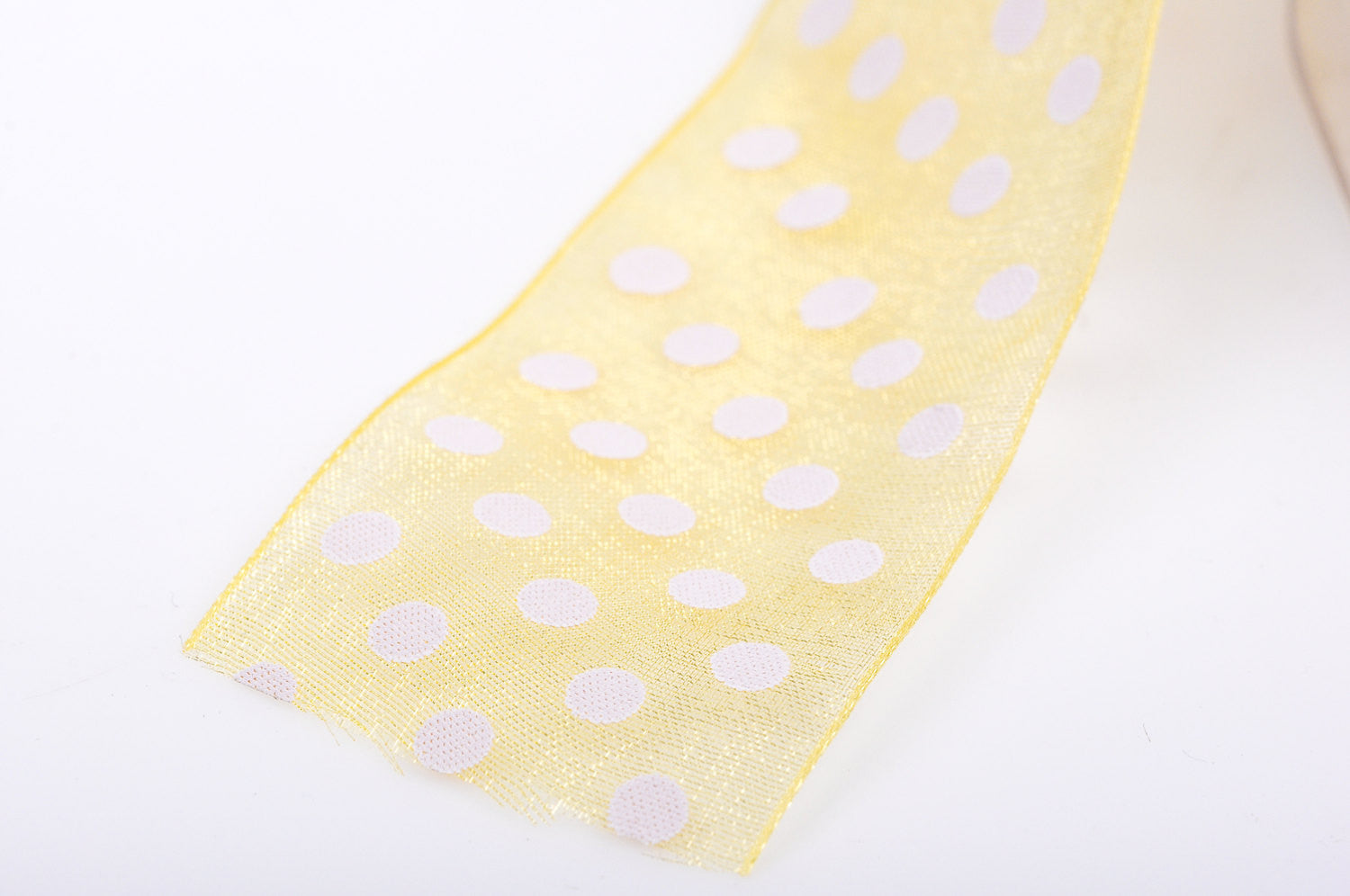 1-1/2" inch wide LEMON YELLOW Ribbon Sheer Organza with White Polka Do