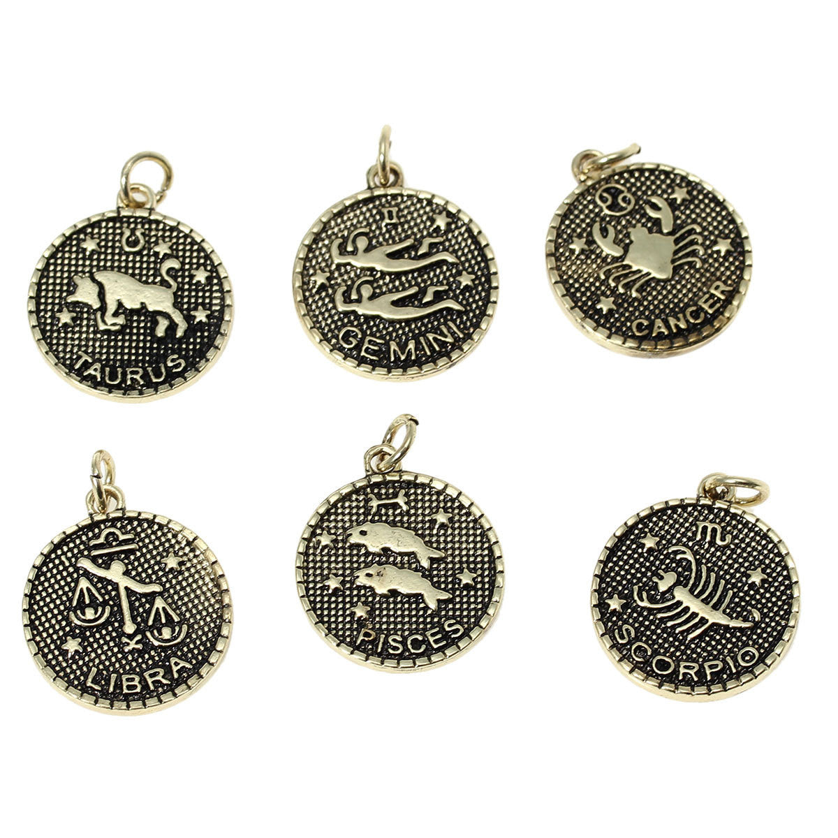 12 Antiqued Gold Metal ZODIAC SIGN Charm Pendants, 1 of each design, c